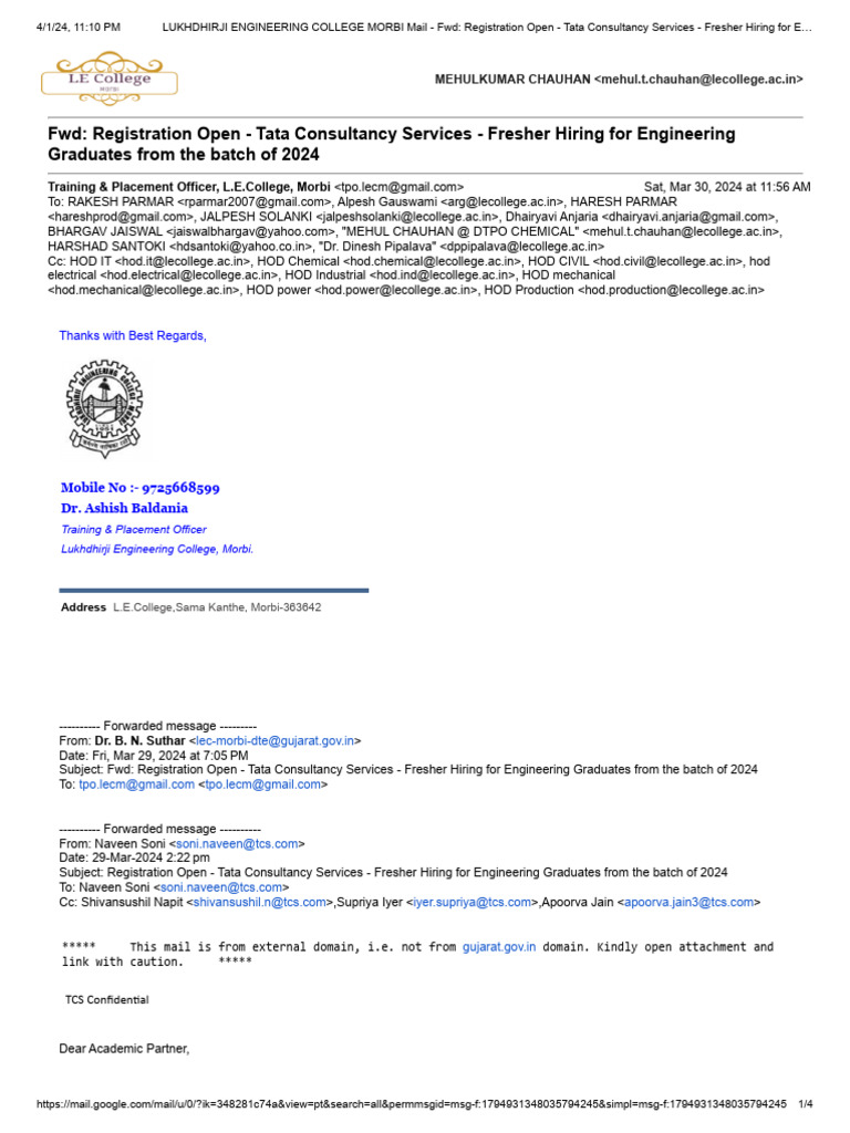 FWD: Registration Open - Tata Consultancy Services - Fresher Hiring For ...