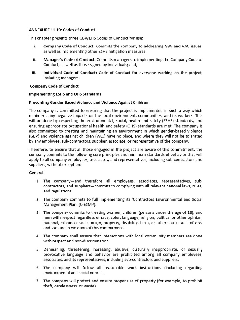 Company Code Of Conduct Pdf Occupational Safety And Health Employment
