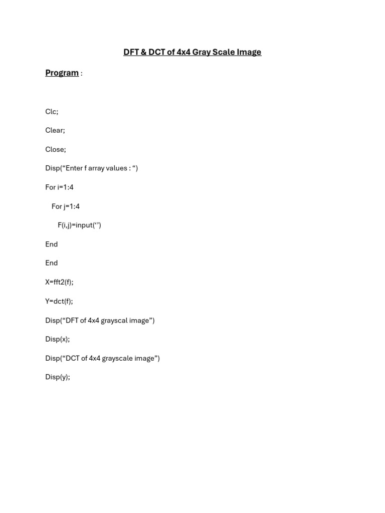 DFT & DCT of 4x4 Gray Scale Image Program | PDF