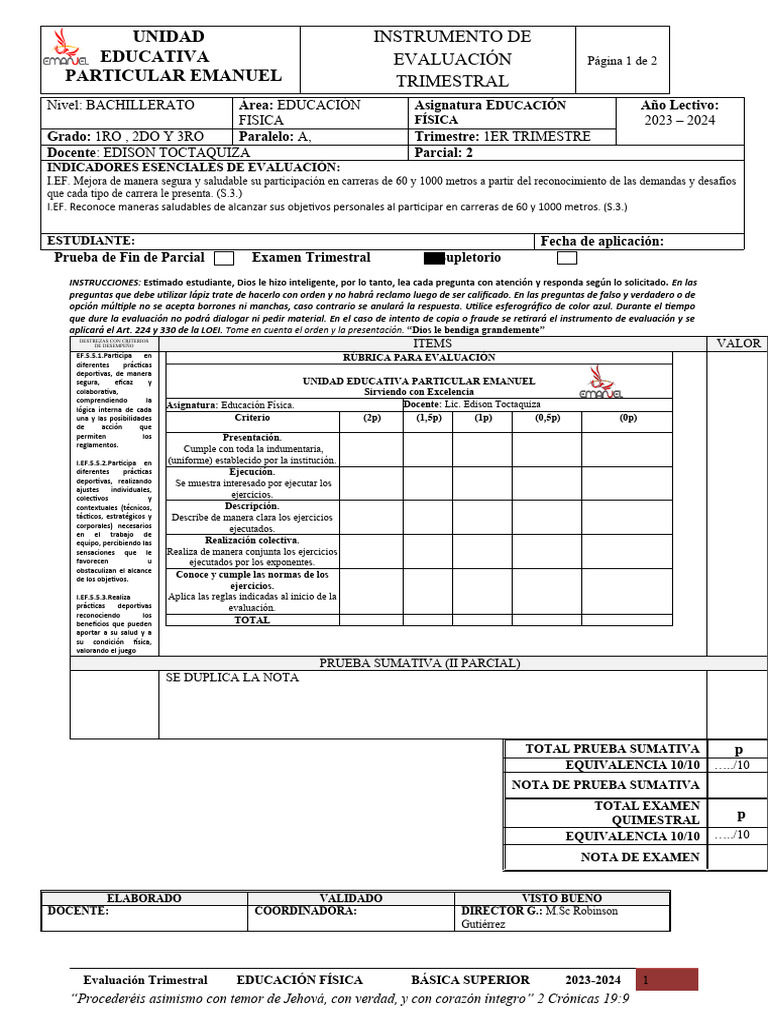 Formato Examen Trimestral Bachillerato | PDF | Evaluación