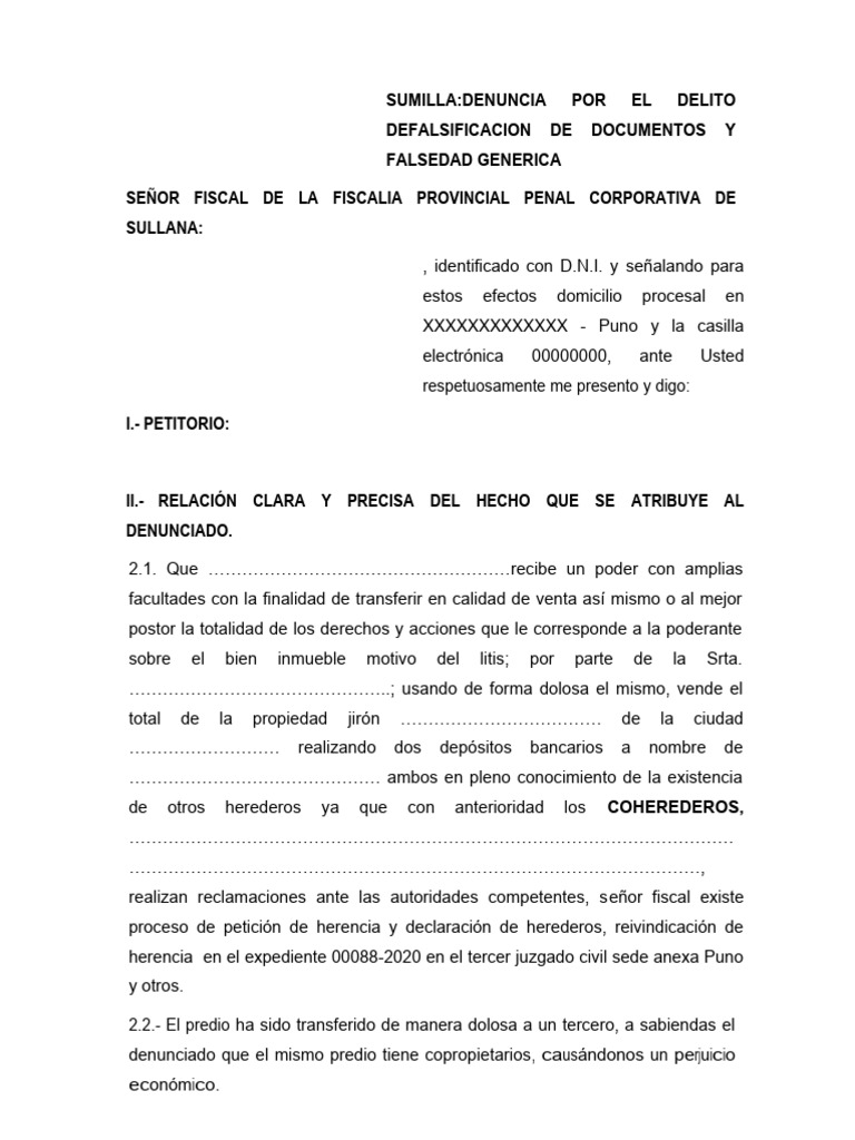 Modelo de Denuncia | PDF | Intención (Derecho Penal) | Ley común