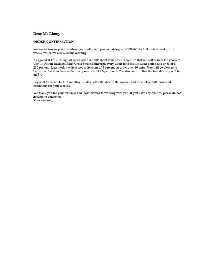 Letter Confirming an Order | PDF