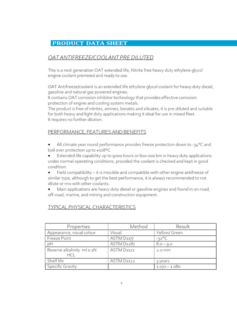 Tds Oat Coolant Pdf Chemical Substances