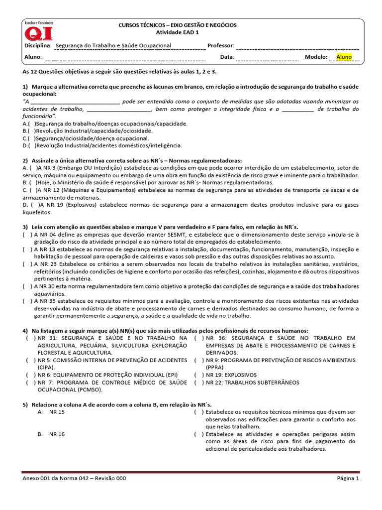 Atividades Ead1 Segurança Do Trabalho E Saúde Ocupacional Pdf