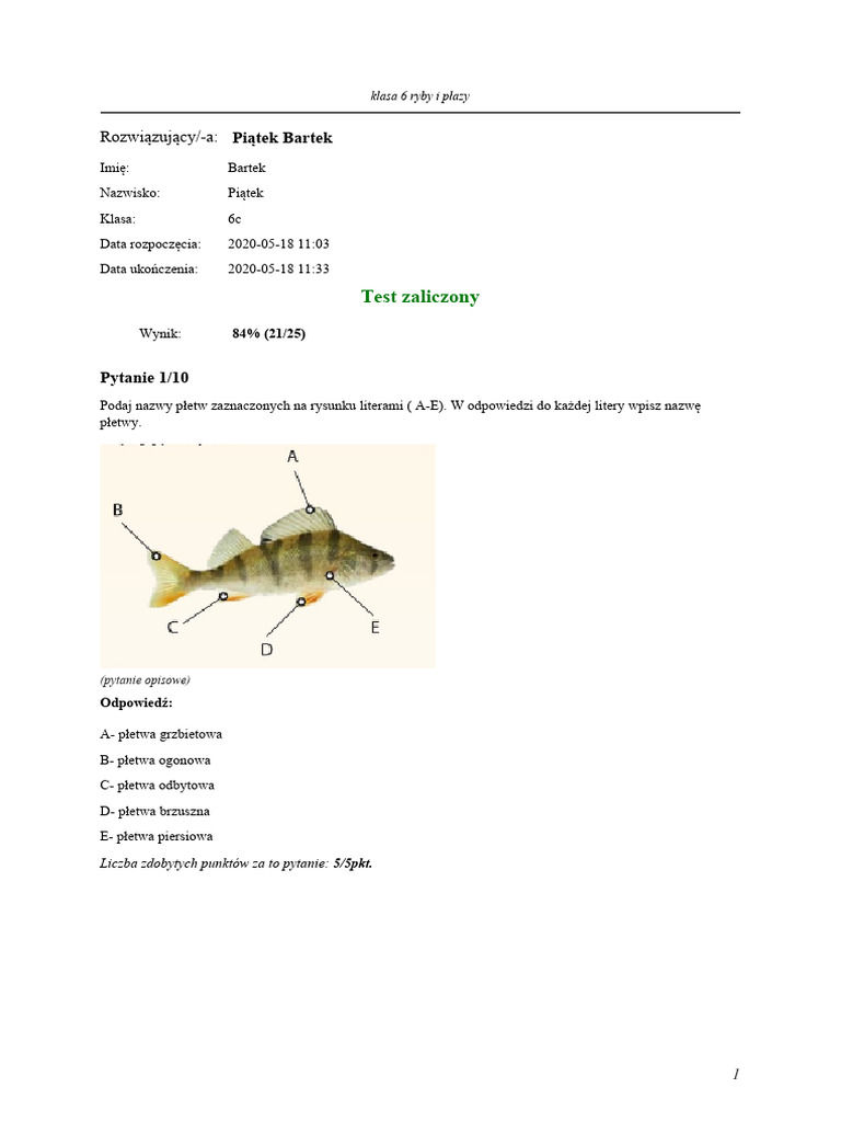 Klasa 6 Ryby i Płazy - Piątek Bartek - Udzielone Odpowiedzi | PDF