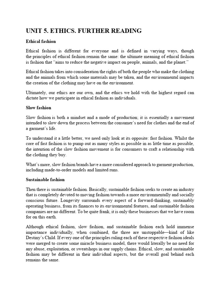 Unit 5. Ethics. Further Reading | PDF | Fashion | Economies