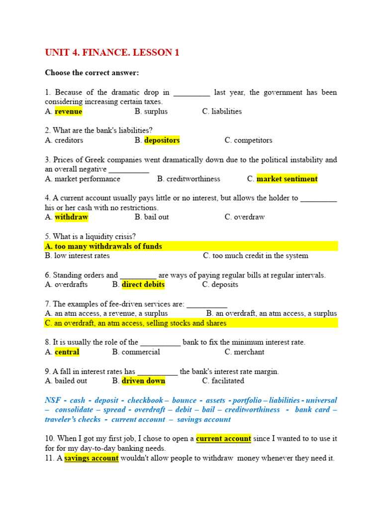 Unit 4 - Finance - Lesson 1 - Key | PDF | Transaction Account | Banks