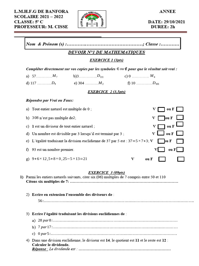 DEVOIR 1 MATHS 5ème_2 | PDF