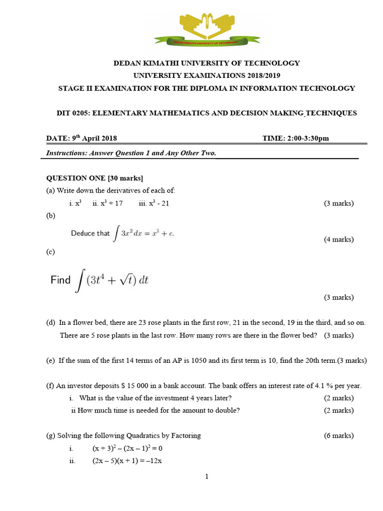 Dit 0205 Elementary Mathematics and Decision Making Techniq Print | PDF ...