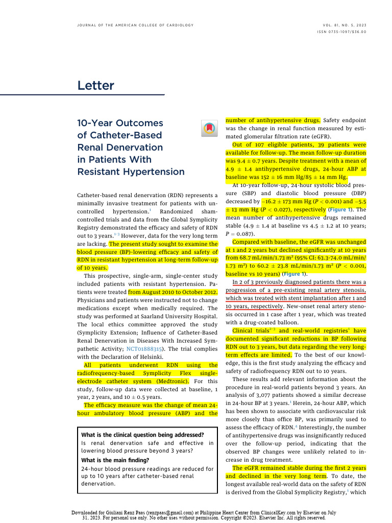 10-Year Outcomes of Renal Denervation in Patients With Resistant HTN ...