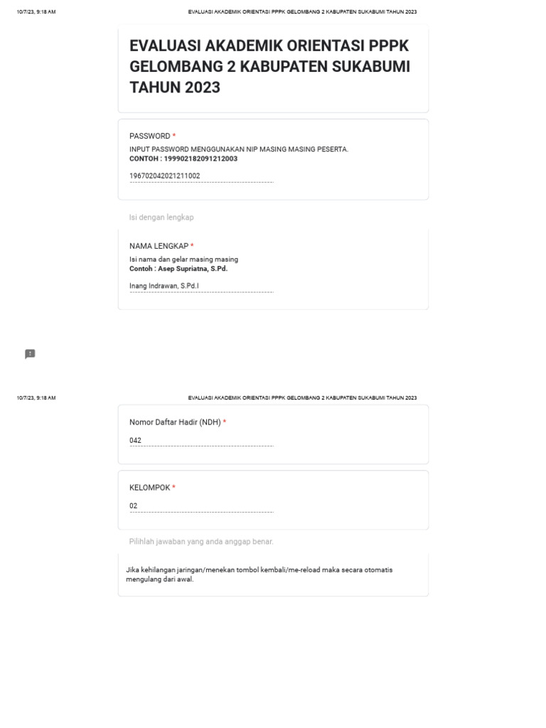 Evaluasi Akademik Orientasi PPPK Gelombang 2 Kabupaten Sukabumi Tahun 2023 | PDF