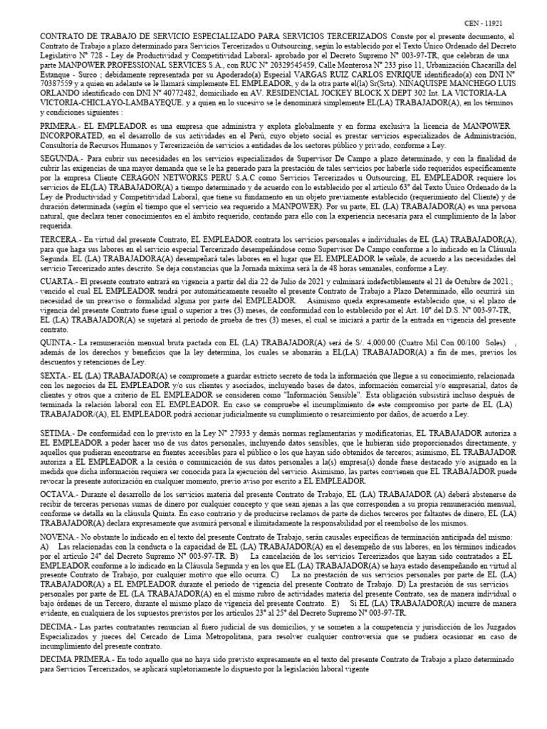 Contrato Ninaquispe Manchego Luis Orlando | PDF | Derecho laboral | Documento de identidad