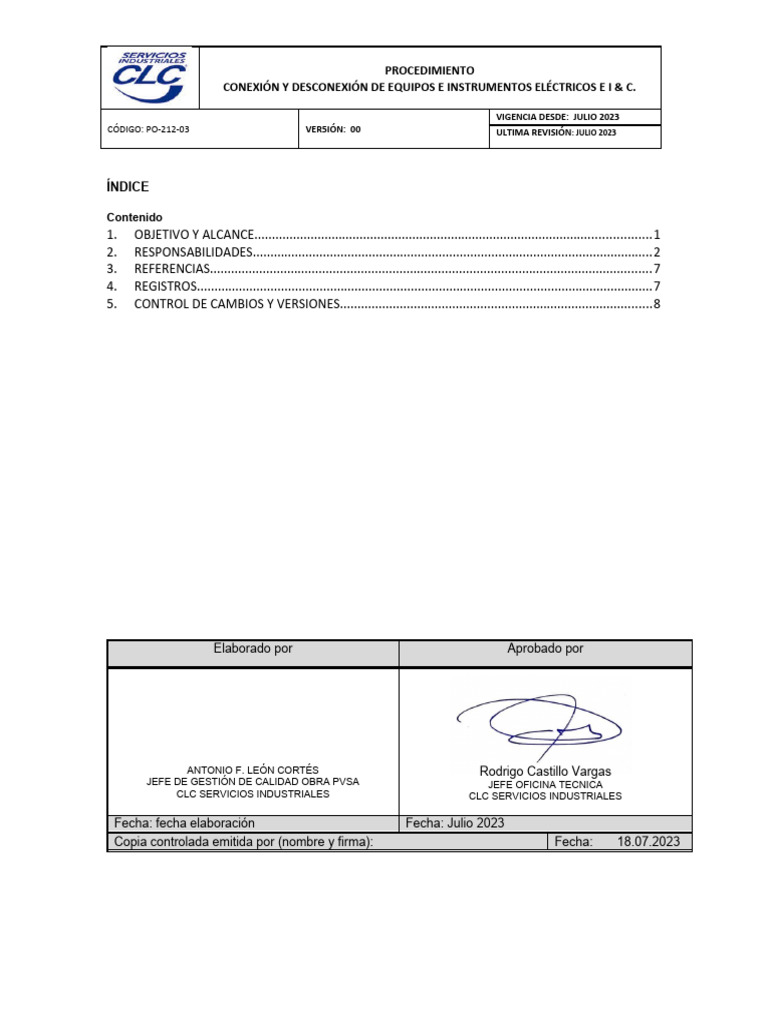 PO-212-03 Rev. 00 DESCONEXIÓN Y CONEXIÓN DE EQUIPOS ELECTRICOS | PDF | Calidad (comercial) | Cambiar