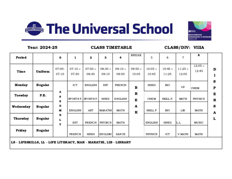 8A Year - 2024-25 - CLASS TIMETABLE | PDF