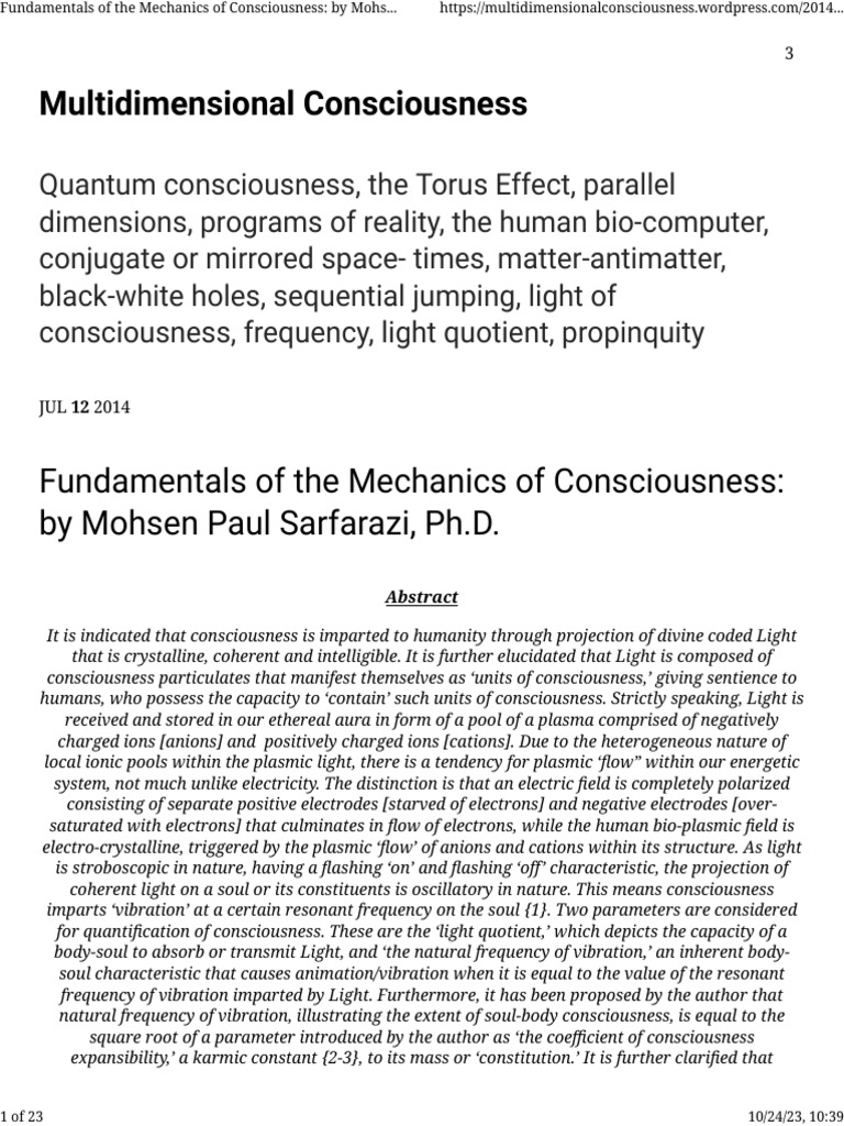 Fundamentals of The Mechanics of Consciousness - by Mohsen Paul Sarfarazi, Ph.D ...