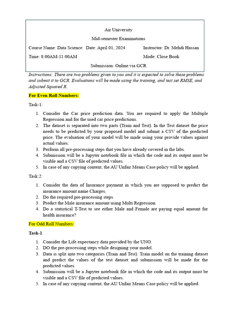 Data Science Exam Instructions | PDF | Regression Analysis | Student's ...
