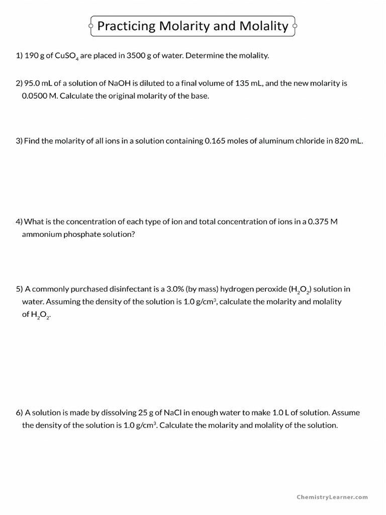 Molarity and Molality Practice Worksheet | PDF