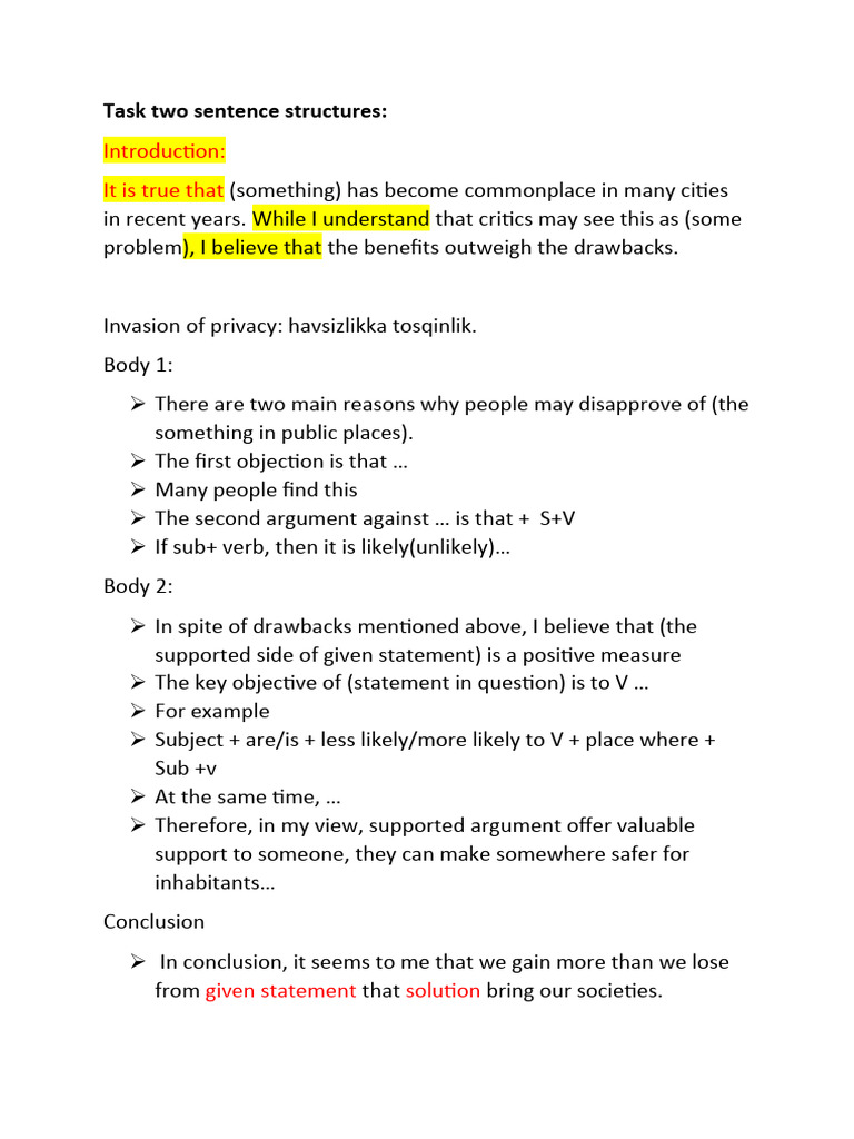 Task Two Sentence Structures | PDF