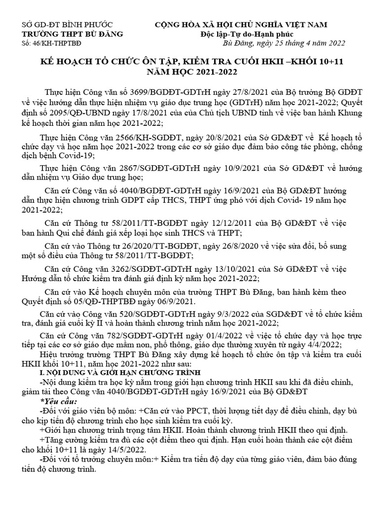 Ke Hoach Kiem Tra Cuoi Hkii k10 11 2021 2022 | PDF