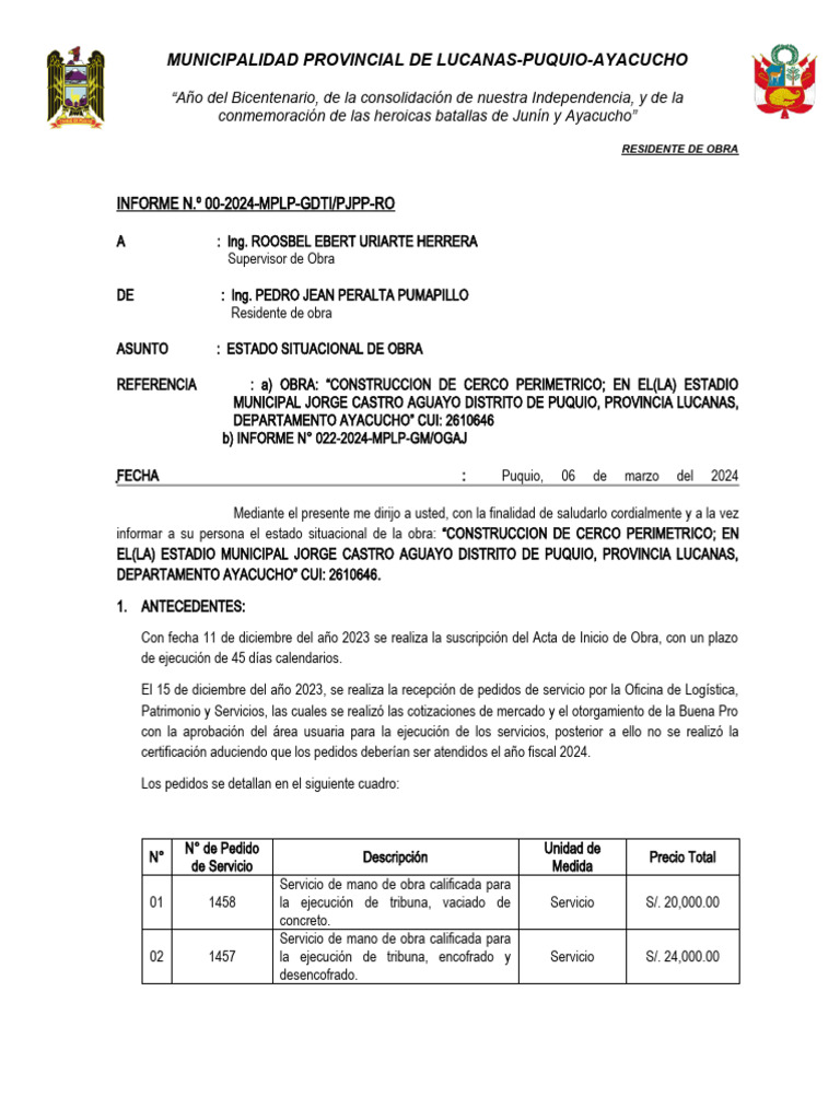 Informe n Estado Situacional de Obra | PDF