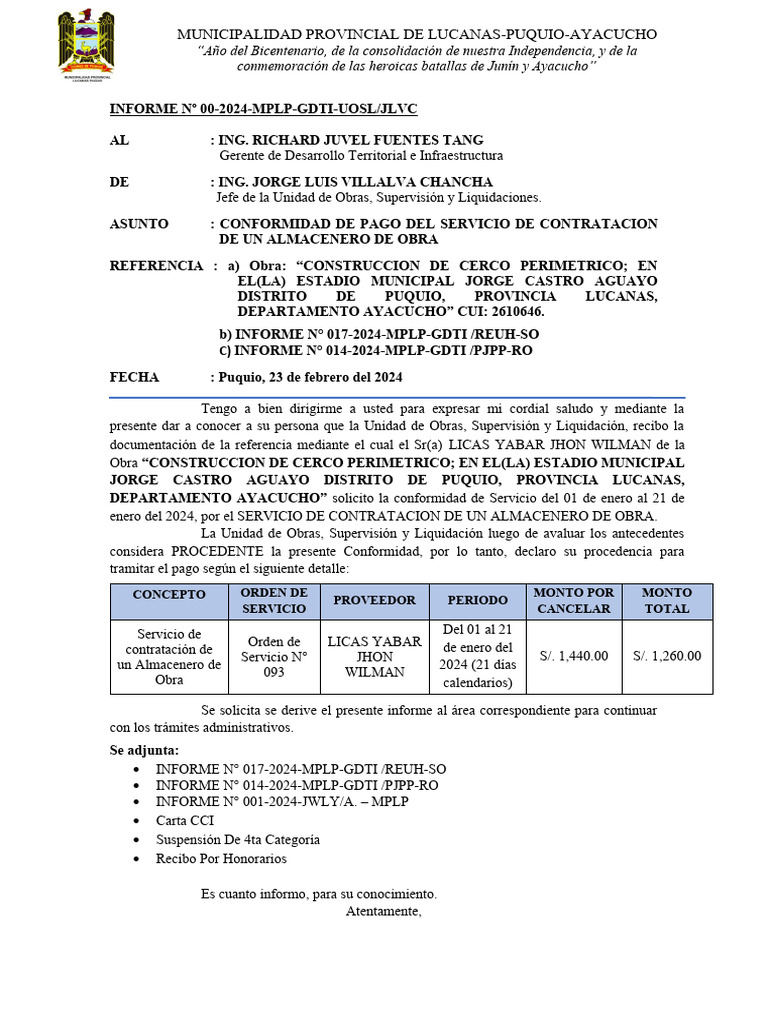 Informe #-2024 Conformidades de Pago de Almacenero Enero Cerco Perimetrico | PDF