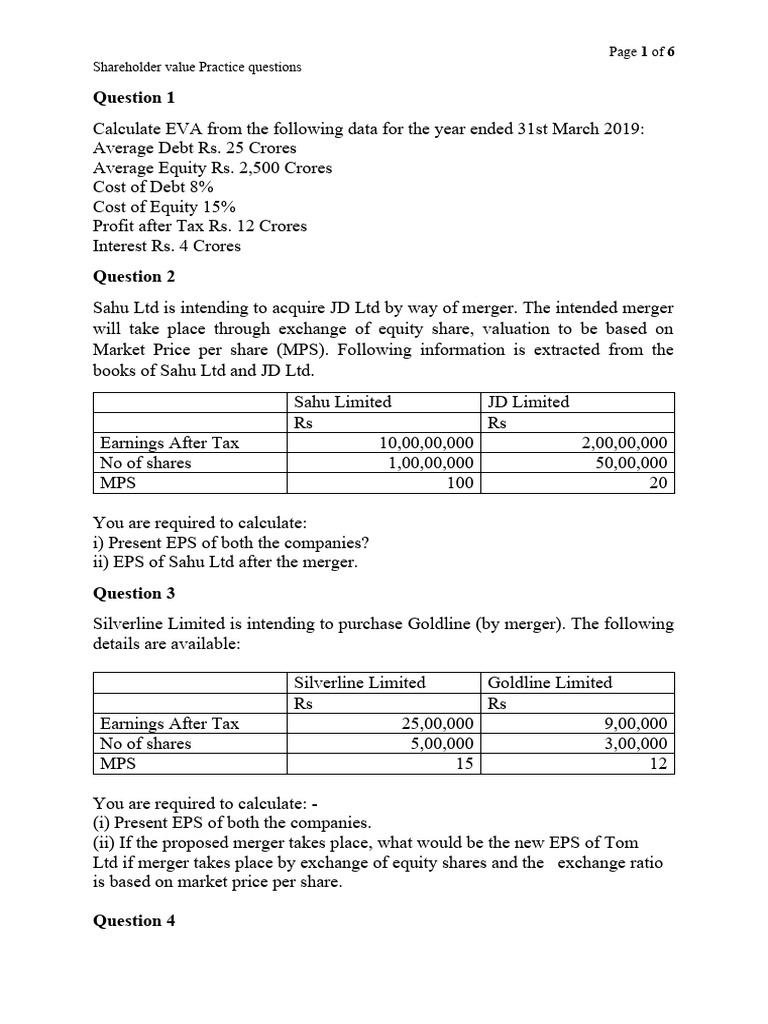 Shareholder Value Practice Questions | PDF | Mergers And Acquisitions ...