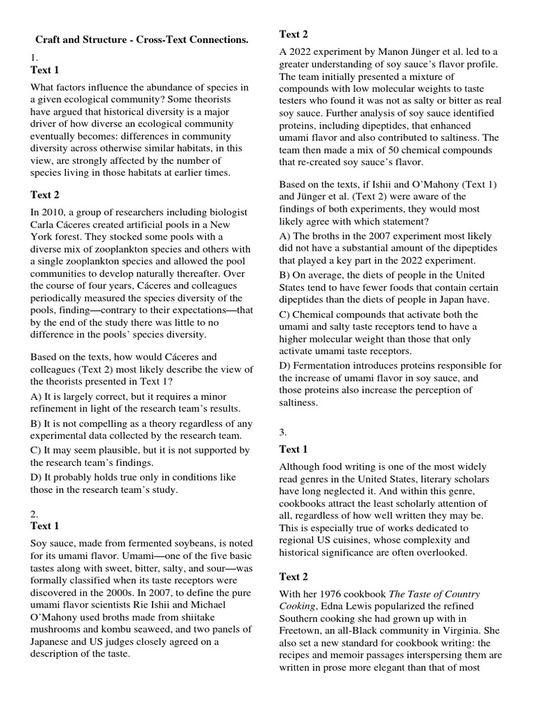 Cross-Text Connections Practice | PDF | Taste | Umami