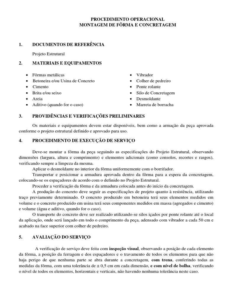 PROCEDIMENTO OPERACIONAL MONTAGEM DE FÔRMA E CONCRETAGEM | PDF | Concreto