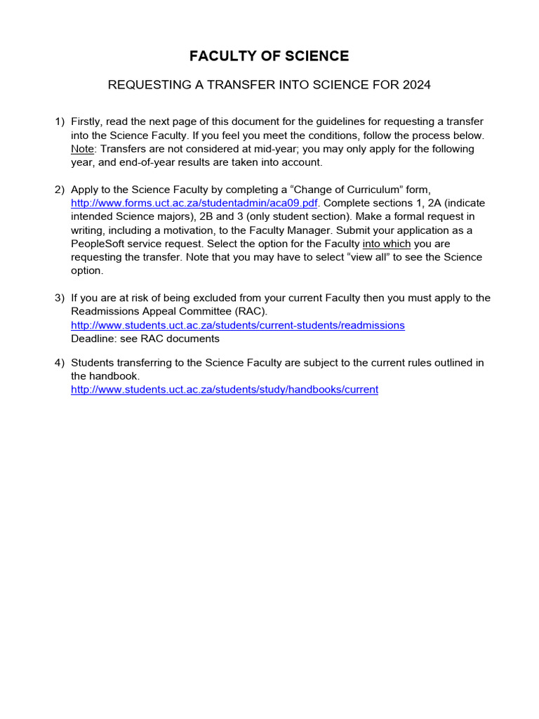 UCT Science Faculty Transfer Guidelines | PDF
