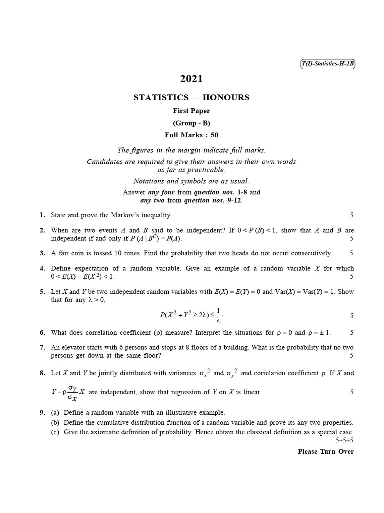 CU-2021 B.Sc. (Honours) Statistics Part-I Paper-IB QP | PDF | Random Variable | Probability ...