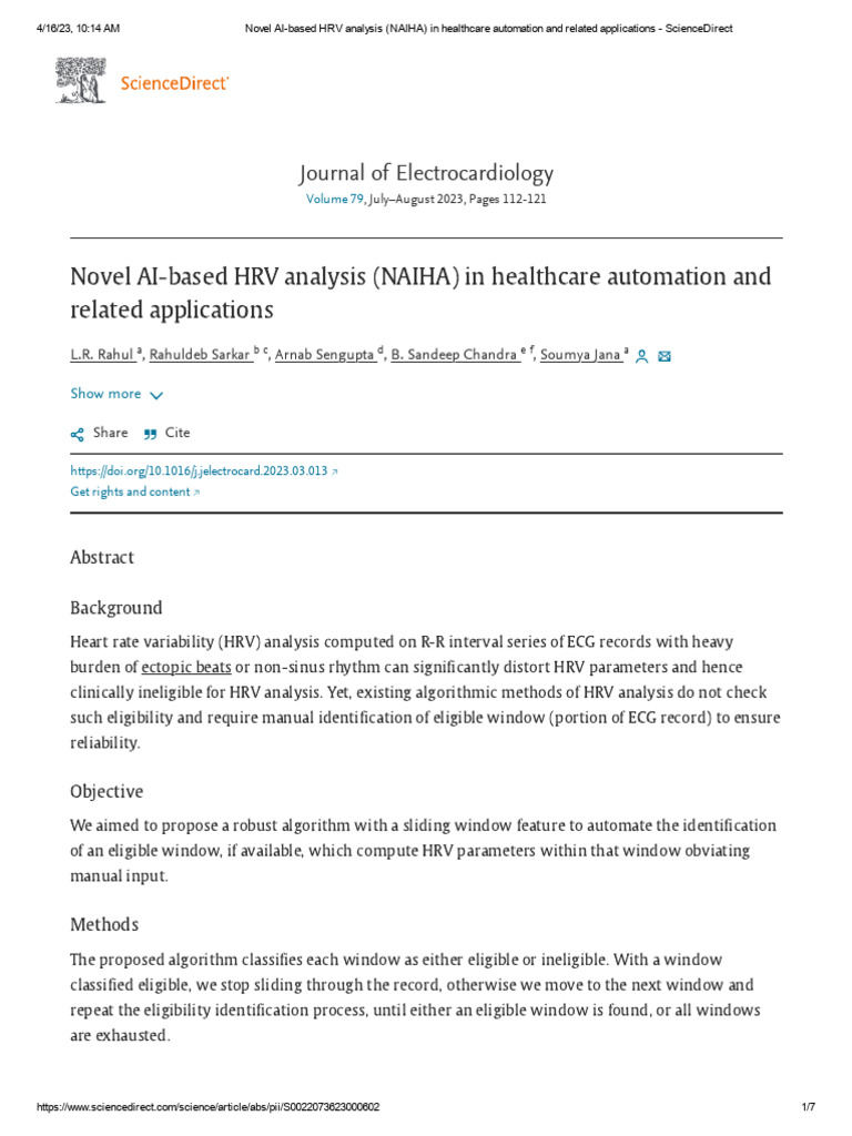 Novel AI-based HRV analysis (NAIHA) in healthcare automation and related applications ...