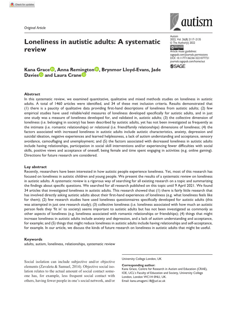 Loneliness in Autistic Adults | PDF | Autism Spectrum | Loneliness