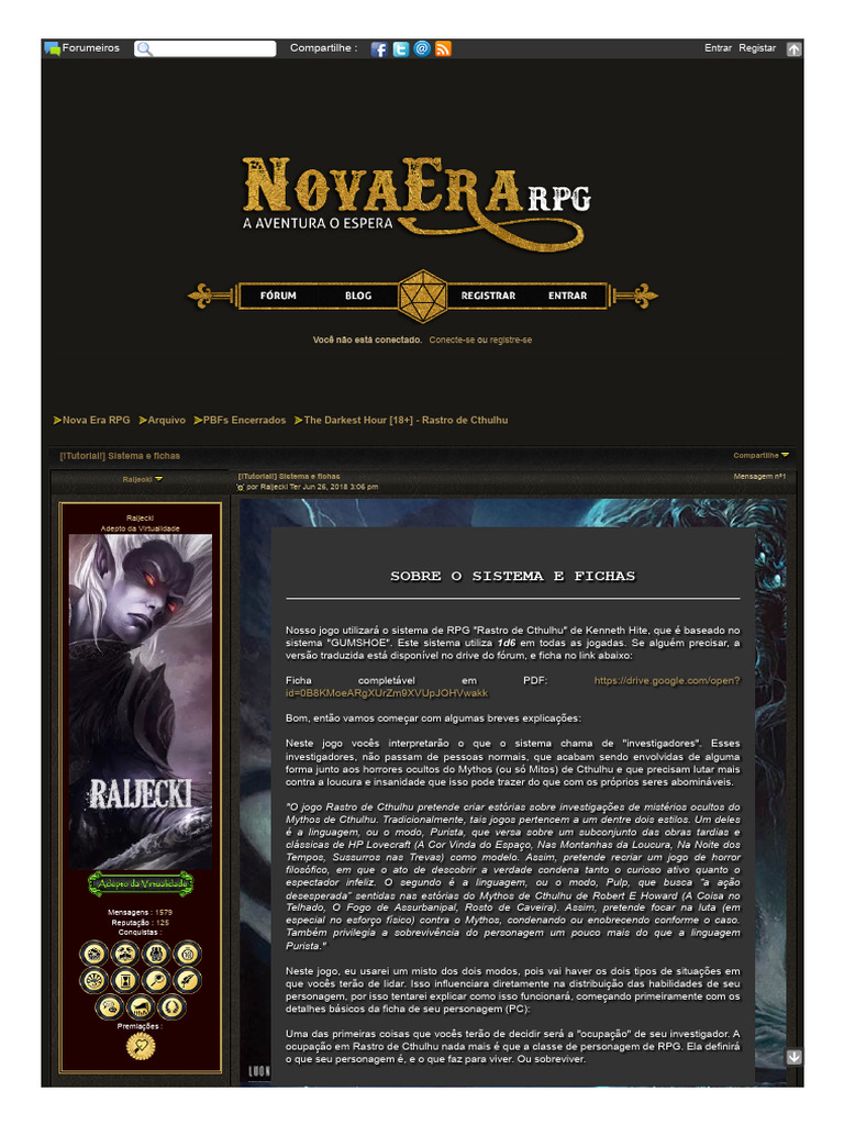 (!tutorial!) Sistema e Fichas | PDF | Mito de Cthulhu | Psicanálise