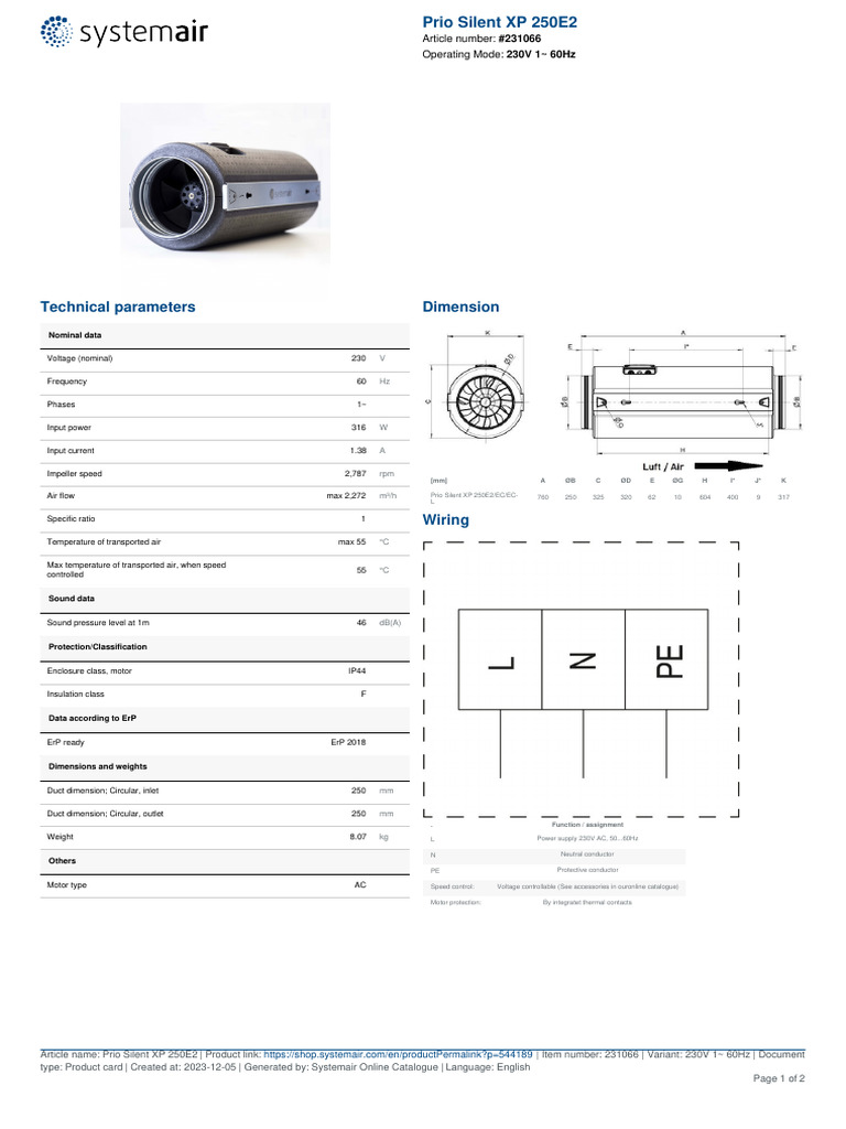 Systemair Prio Silent XP 250E2 | PDF | Mains Electricity | Alternating Current