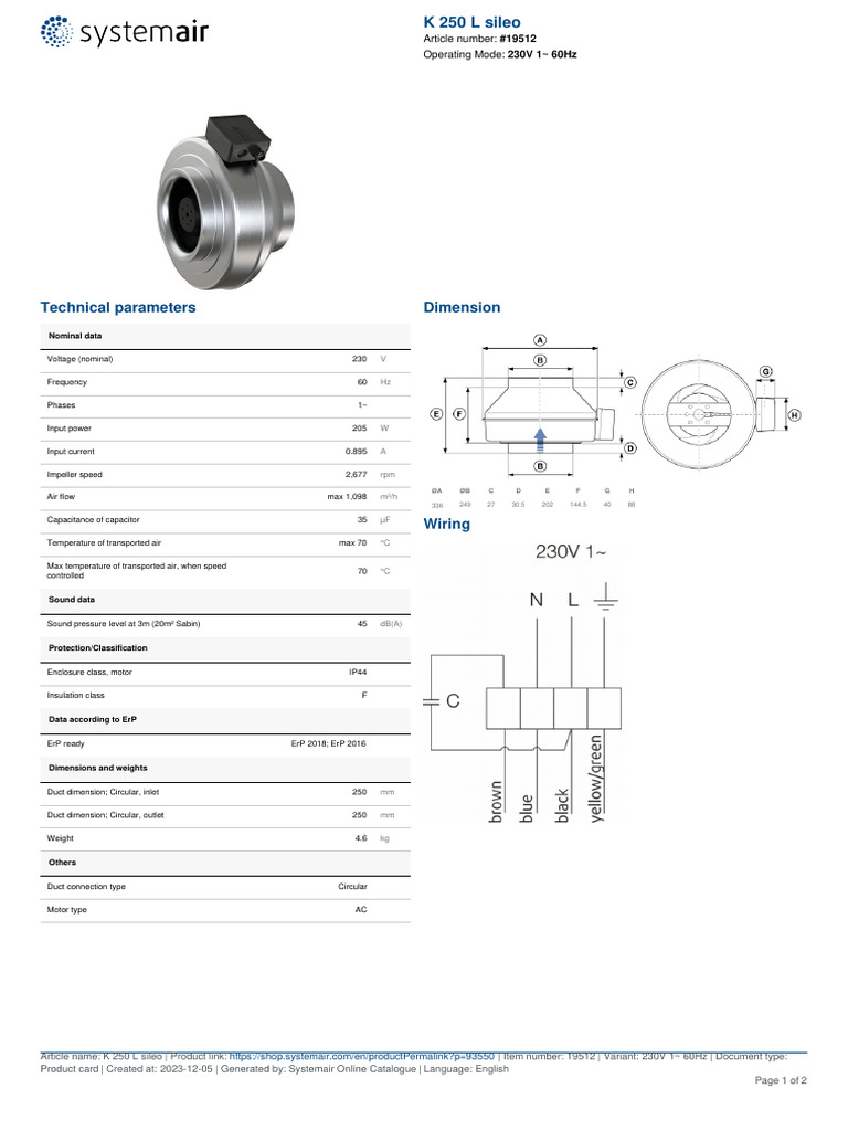 Systemair K 250 L Sileo | PDF | Mains Electricity | Electric Power