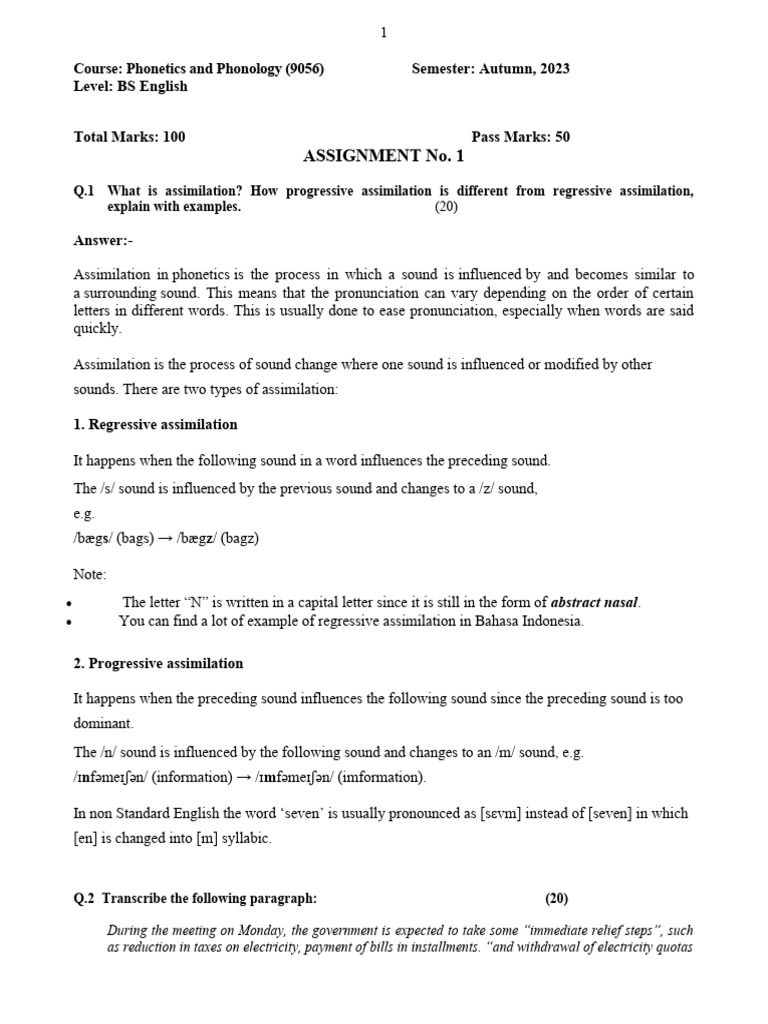 Assignment No. 1 | PDF | Question | Stress (Linguistics)