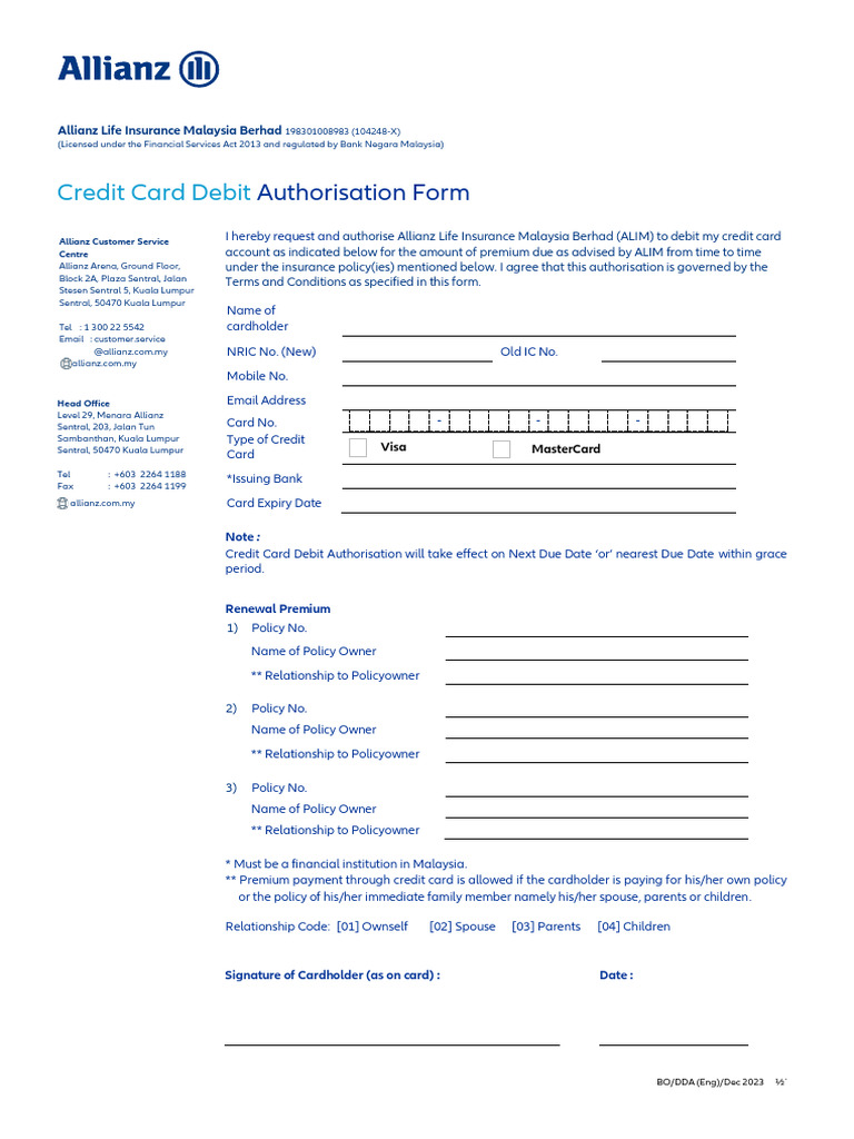 Allianz Credit Card Payment Authorization | PDF | Credit Card | Debit Card