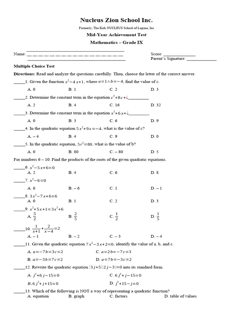 Grade 9 Math Mid-Year Test | PDF | Quadratic Equation | Function ...