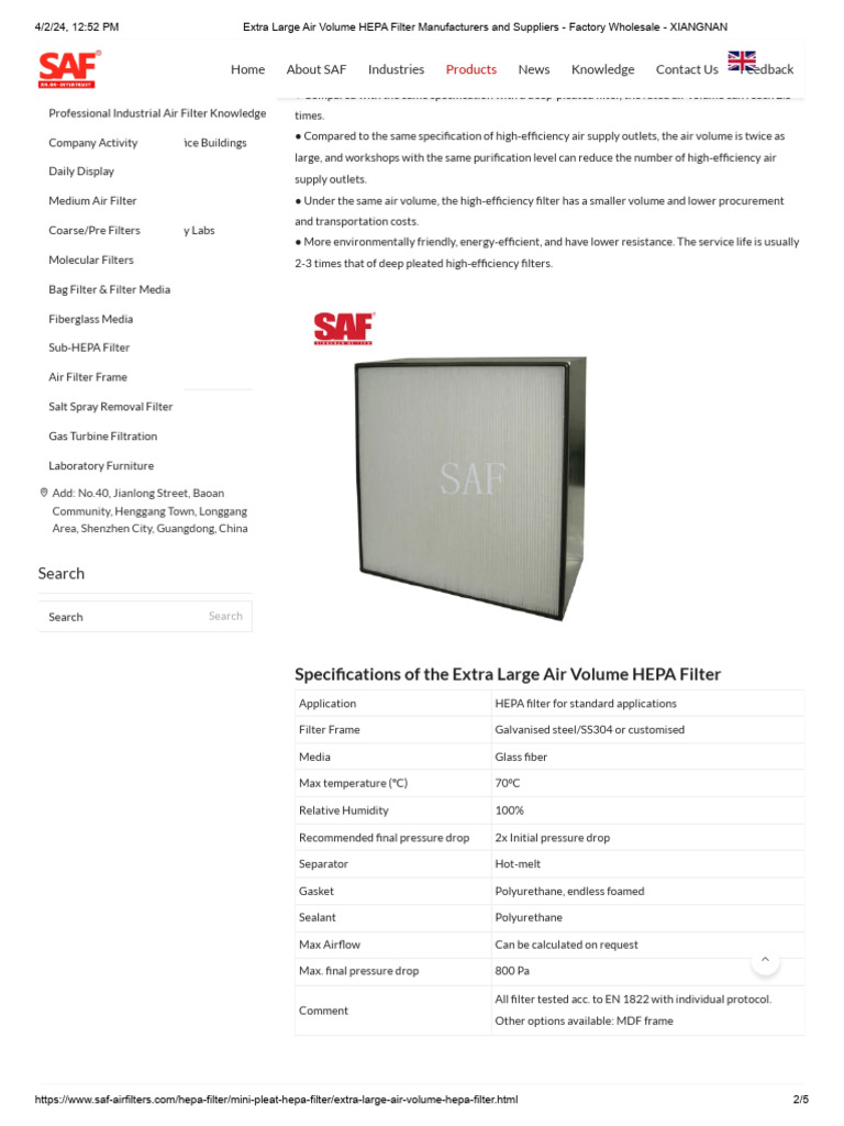 Extra Large Air Volume HEPA Filter Manufacturers and Suppliers - Factory Wholesale - XIANGNAN ...