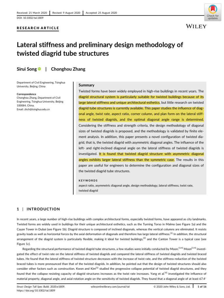 Lateral Stiffness and Preliminary Design Methodology of Twisteddiagrid ...