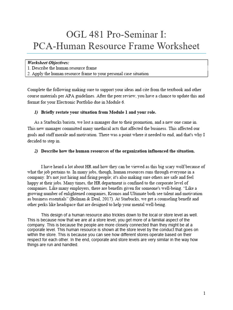 OGL 481 Pro-Seminar I: PCA-Human Resource Frame Worksheet | Download ...