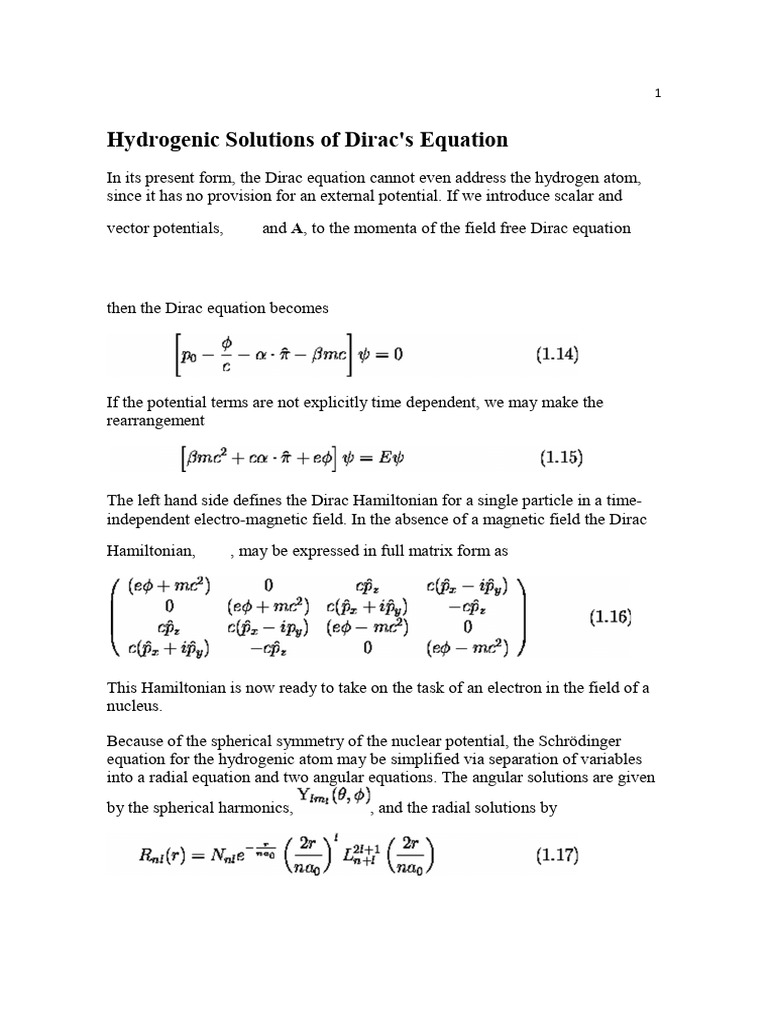 Hydrogenic Solution of Dirac's Equation | PDF | Wave Function | Hamiltonian (Quantum Mechanics)