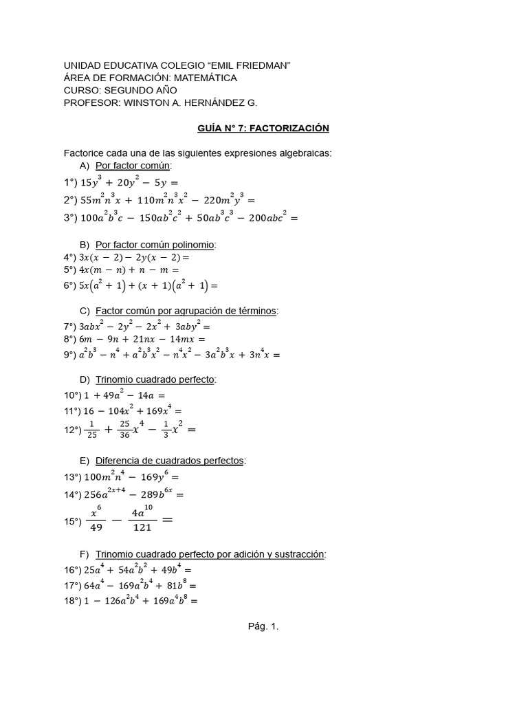 Guía #7 - Factorización | PDF | Factorización | Matemáticas