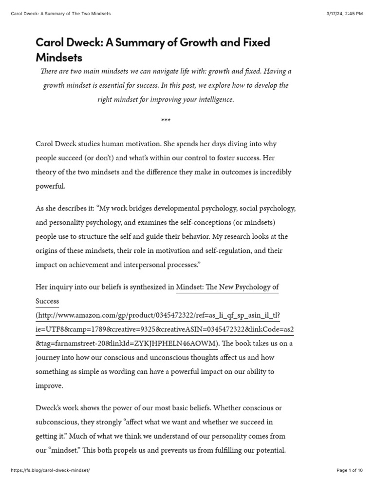 Carol Dweck: A Summary of The Two Mindsets | PDF | Mindset | Motivation