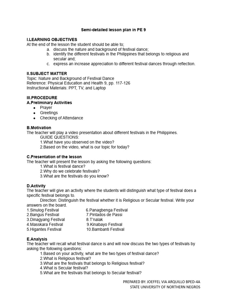 Semi Detailed Lesson Plan in Nature and Background of Festival Dance ...