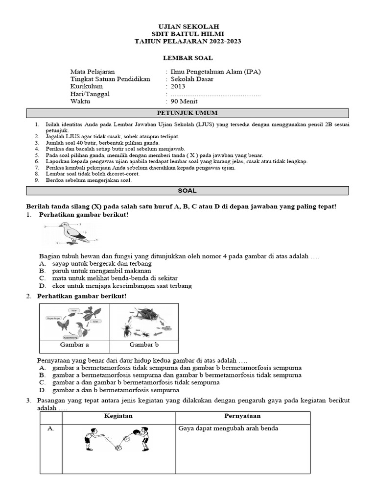Soal Us Ipa Kelas 6 Tahun 2022-2023 | PDF