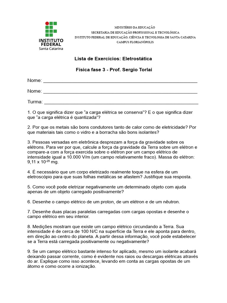 Lista de Exercícios de Eletrostática | PDF | Eletricidade | Carga elétrica