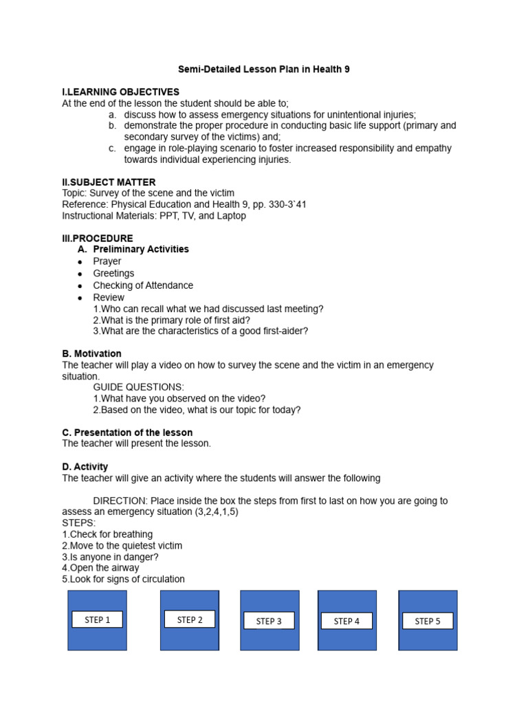 Health 9 Lesson Plan: Emergency Response | PDF | Teachers | First Aid