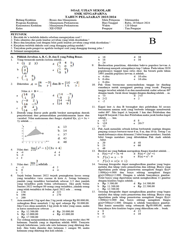 Soal US Matematika XII OTKP - Paket B - 2023-2024 (FIKS) | PDF