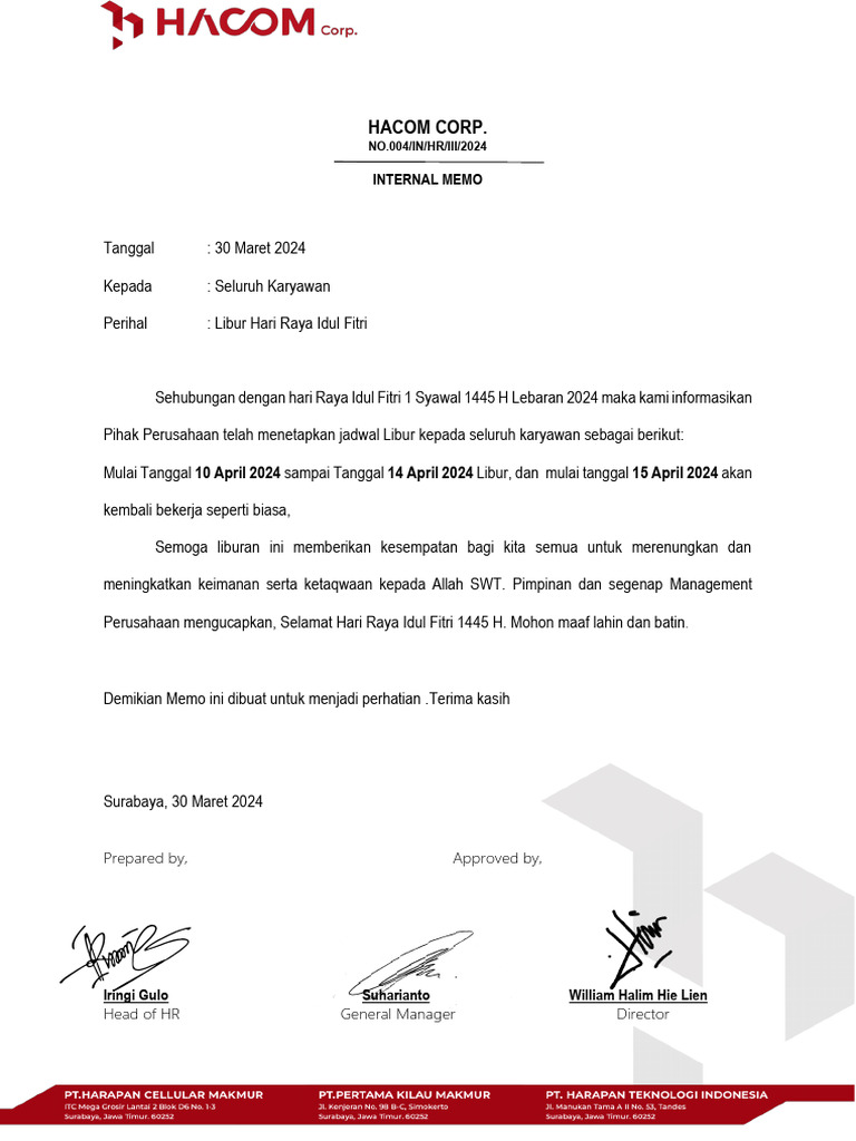 MEMO INTERNAL Libur Idul Fitri 2024 | PDF